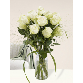 White rose bouquet with panicum + free glass vase - Snowstorm